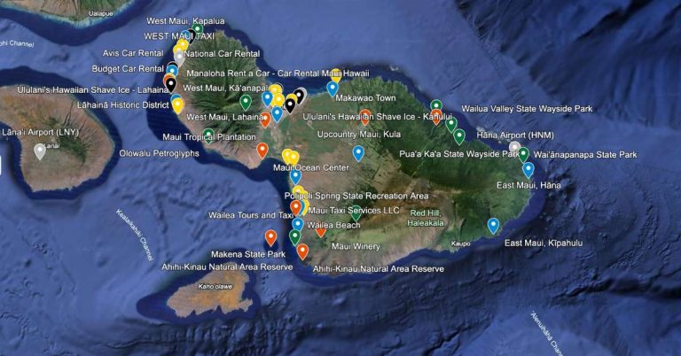 Map of Maui with Cities, Towns and Local Areas